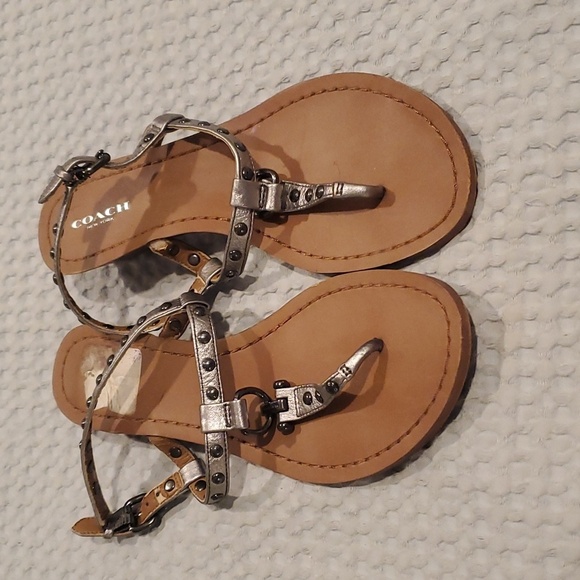 Coach | Shoes | Coach Metallic Silver Studded Thong Low Wedge Heel ...